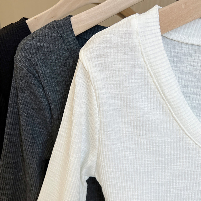 Threaded V-neck Long Sleeve T-shirt for women in women's autumn women's ...