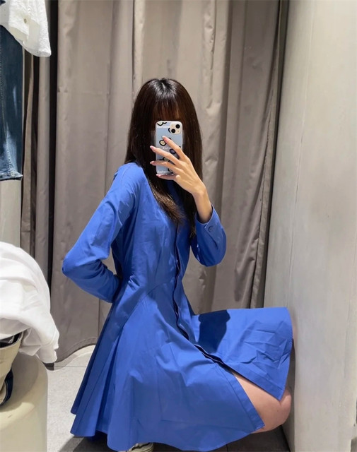 ZA women's new spring temperament long -sleeved stand V -neck silk silk receiving short dress ...