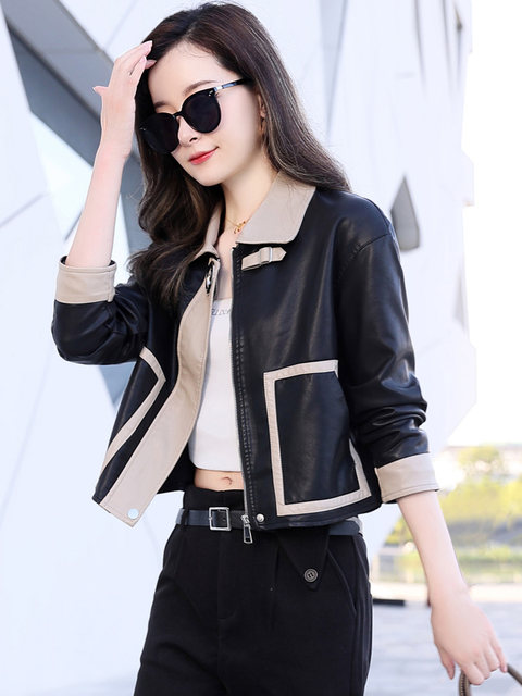 Pinsell leather jacket outer set female short 2024 spring and autumn ...