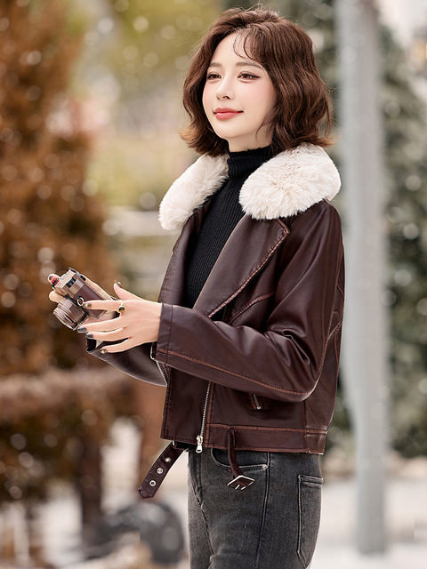 Plus velvet thickened PU leather cotton coat women's short 2024 winter ...