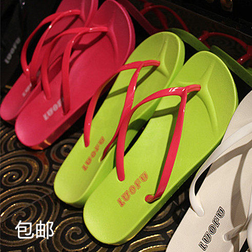 Solid color couple flip flops women's rubber men's casual sandals ...