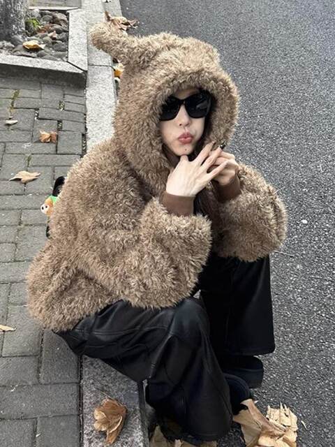 Cute rabbit ears lamb hair outer set women short loose hooded 2024 ...