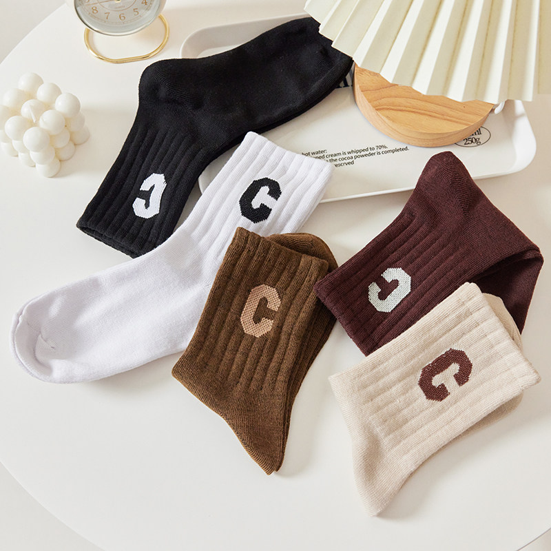 Letter C socks women's mid-calf socks autumn and winter warm ins trendy ...