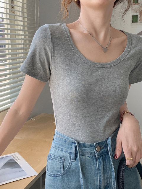 Xia Qiu Xian's breasts, low -necked t -shirts female U collar short ...