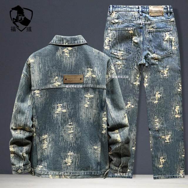 High -end jacquard grinding denim jackets are male loose and velvet ...