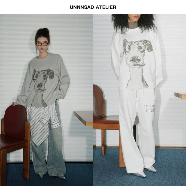 Unnnsad hand -painted Lingti dog printed long -sleeved loose sweater ...