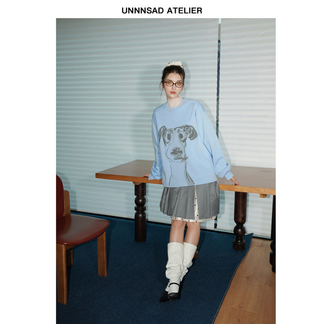 Unnnsad hand -painted Lingti dog printed long -sleeved loose sweater ...