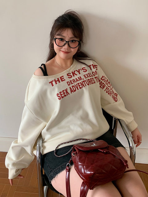 YUZI cabo American off-shoulder two-wear sweatshirt with large size women's clothing, slim and ...