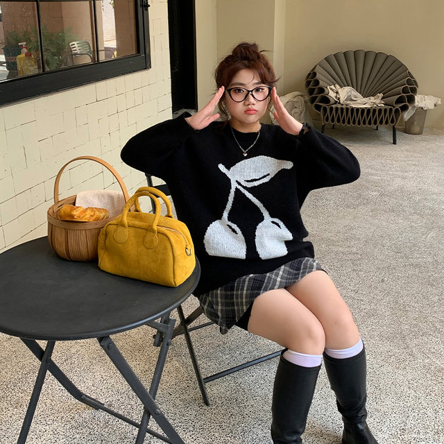 Yuzi caviar shirt round collar cherry sweater large size women's slightly fat MM oblivion and ...