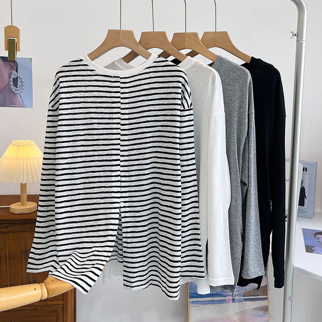 Back slit design striped long-sleeved sunscreen shirt for women loose ...