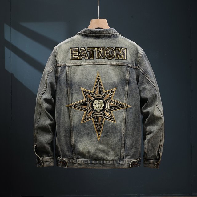 American denim jacket Men's tide brand retro bear embroidered jacket ...