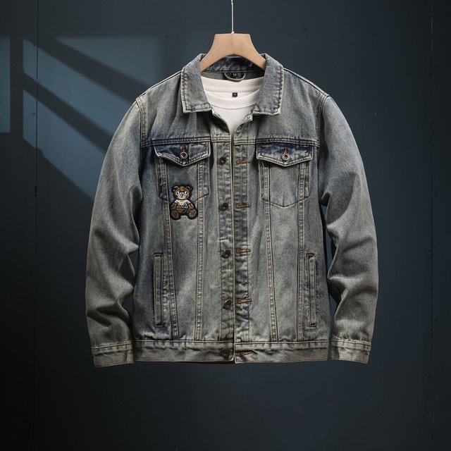 American denim jacket Men's tide brand retro bear embroidered jacket ...