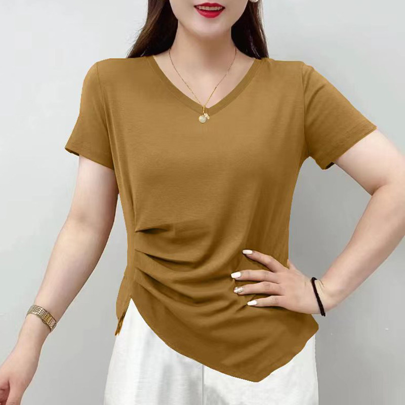 Large size summer short-sleeved T-shirt for women 2024 new irregular ...