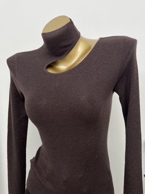Full of design! Advanced brown -red wool side hollow sexy oblique long ...