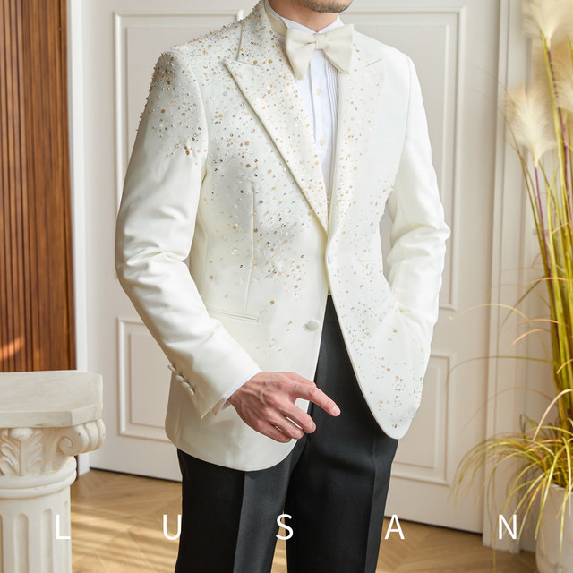 Mr. Lu San white dress banquet host suit handmade beading high craft ...