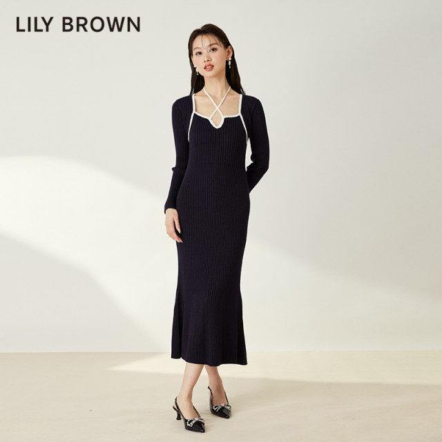 LILYBROWN autumn and winter retro halterneck slim contrast strap dress ...