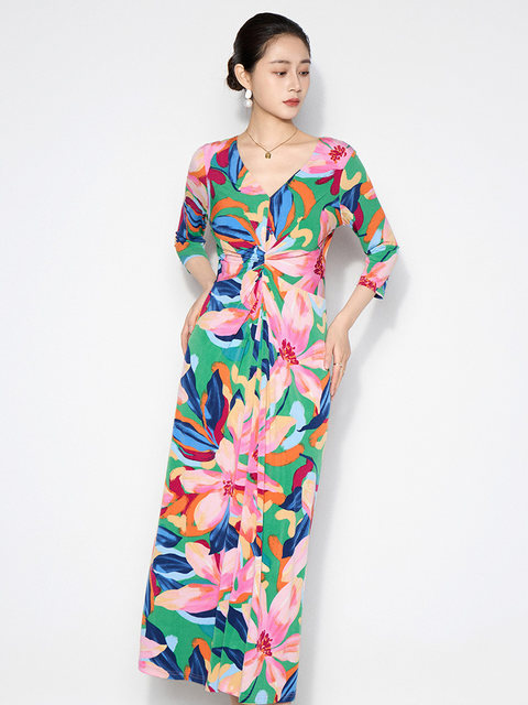 Ma Tiannu 2025 spring and summer new pink printed dress V-neck slim ...