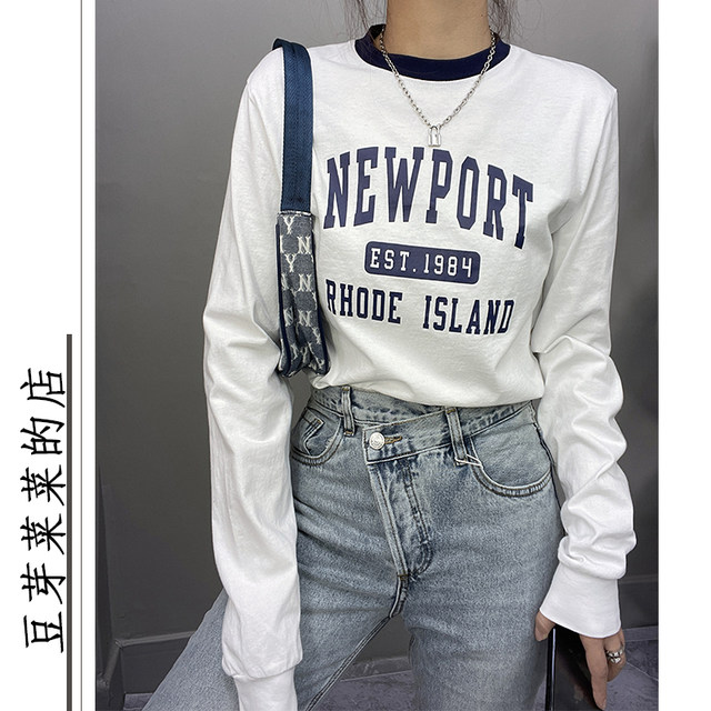 Retro Newport letter printing color long -sleeved T -shirt loose ...