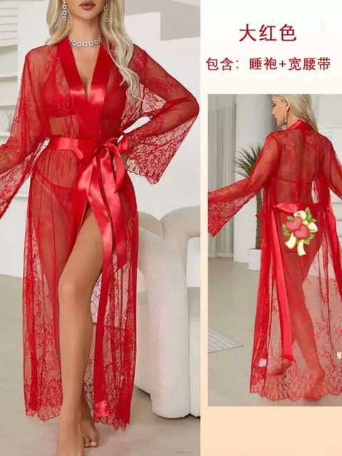 Net yarn lace sexy red mopping robe female summer long -sleeved ice ...
