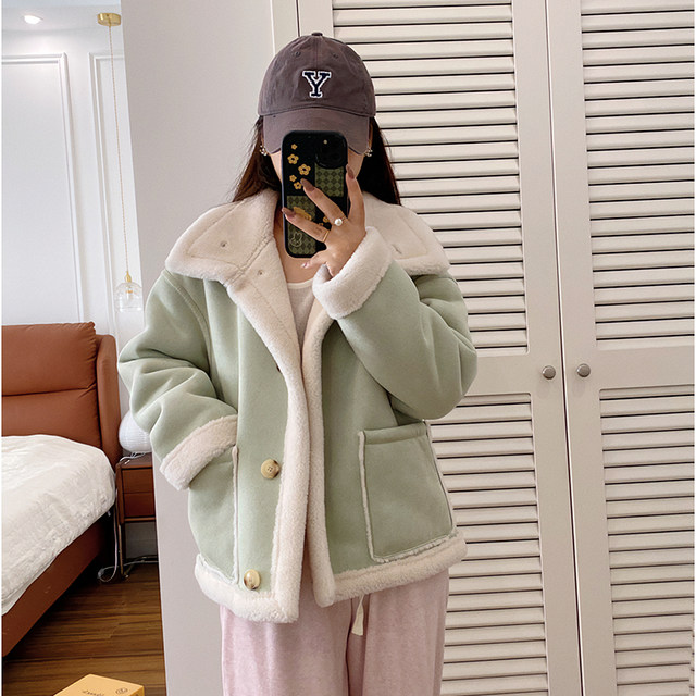 Lamb wool motorcycle jacket fur all-in-one jacket short stand collar Korean style warm 2023 ...