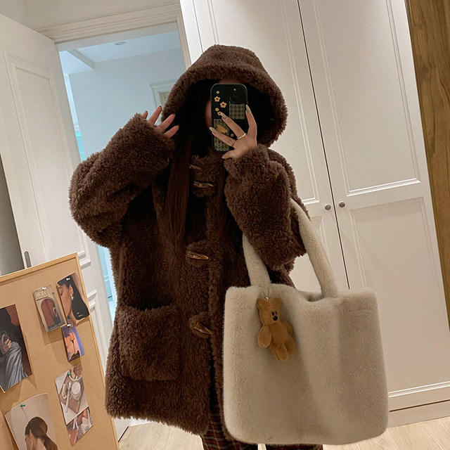 Teddy horns 2024 new lamb fur one-piece age-reducing hooded mid-length ...