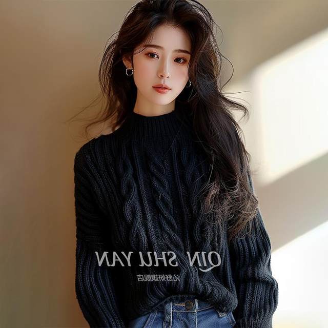 Black semi -high -necked thick thread twist knit thick sweater female ...