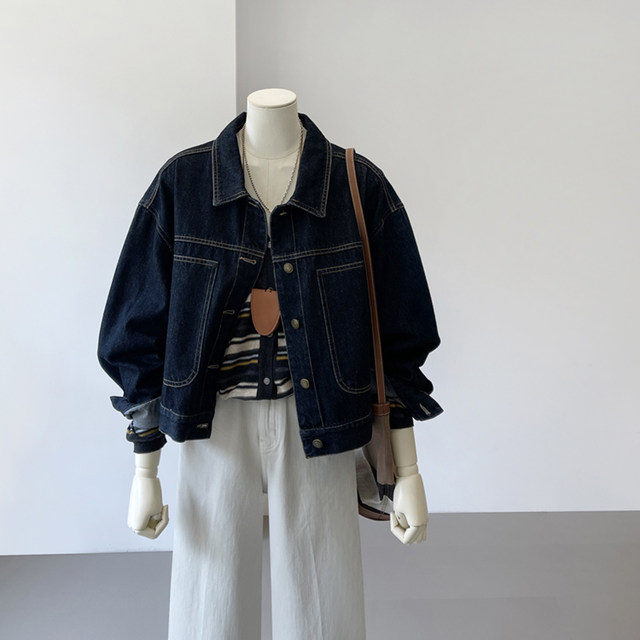 Autumn new dark blue short denim outer women's Korean casual pocket ...