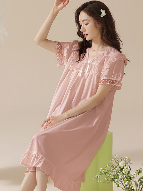 Cool lycra cotton nightgown for women summer short-sleeved pure cotton ...