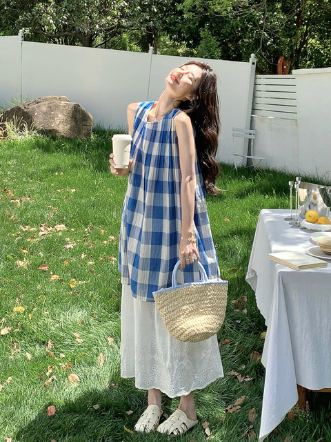 Blue plaid vest skirt White lace skirt Summer new sweet age-reducing ...