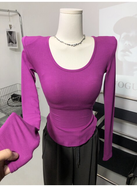 Paperman level shoulder pads U-neck arc hem long-sleeved T-shirt slim ...
