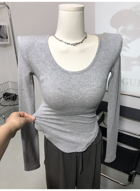 Paperman level shoulder pads U-neck arc hem long-sleeved T-shirt slim ...