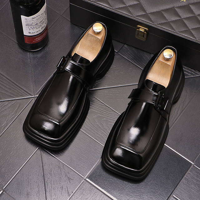 Men's thick sole square-toe casual leather shoes with one foot pedal ...