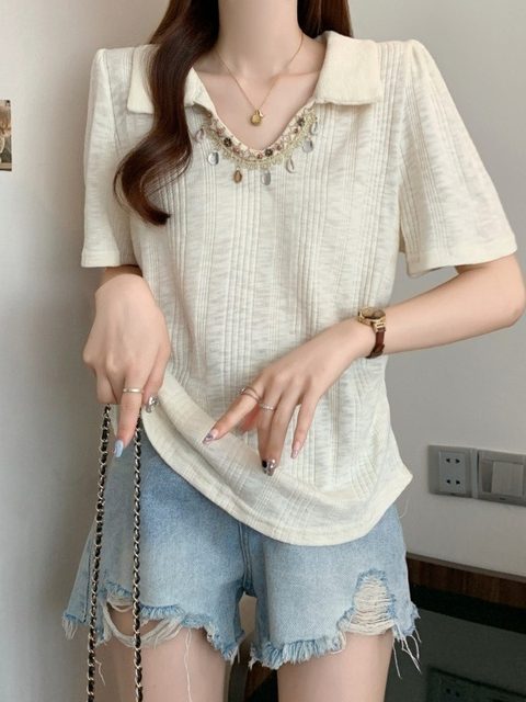 Bohemian polo neck, front shoulder short-sleeved T-shirt for women 2025 ...