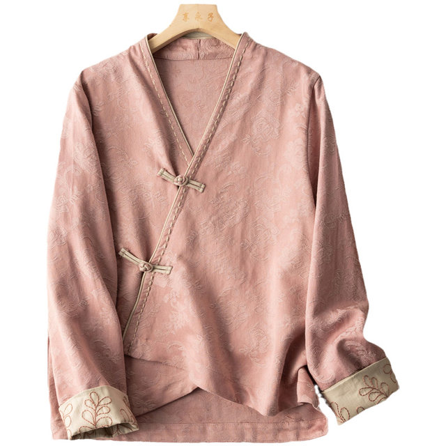 Slanted placket button cotton linen top Chinese style retro tea jacket ...