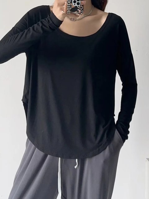 Large neckline long sleeve women's T-shirt loose modal thin style ...