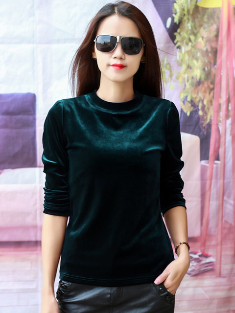 Solid color advanced gold velvet top long -sleeved small round neck ...