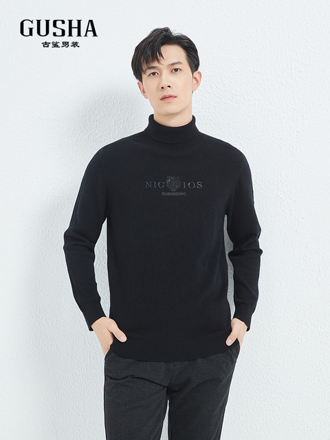 Gusha black turtleneck 100% pure wool sweater men's warm simple casual ...