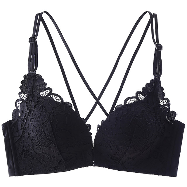 Sexy front button bra, small chest push-up, thickened black bra, no ...