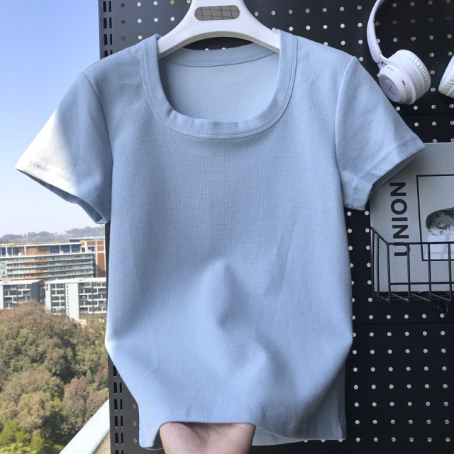 U-neck small shirt, right shoulder short-sleeved t-shirt for women ...