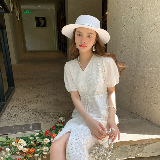 AMNANA French heavy drawstring waist slimming dress three-dimensional ...