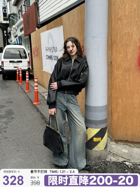 Unretro American retro black leather jacket female spring and autumn loose small flying jacket top