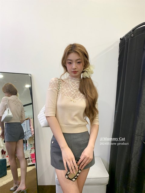 Mummy Cat egg laying meow super thin plush sweet lace spliced sweater top