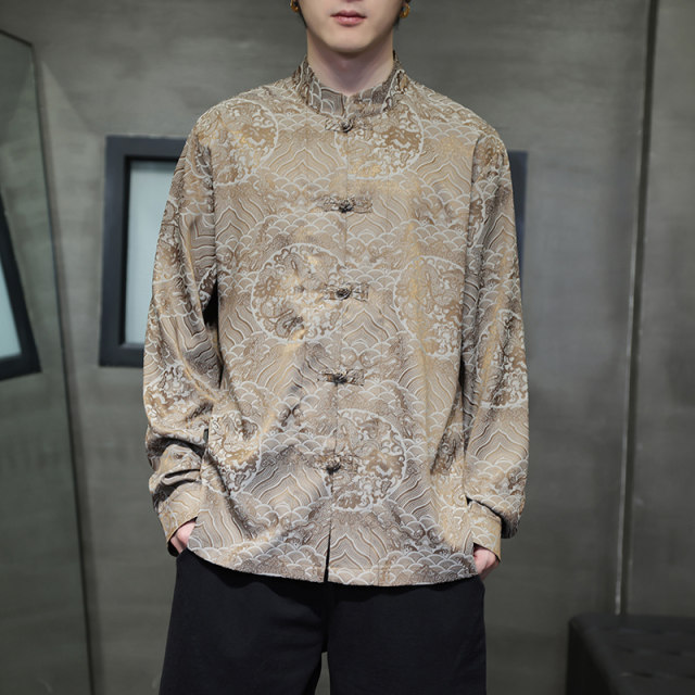 Chinese wind men's dark flower dragon pattern ice silk standing long ...