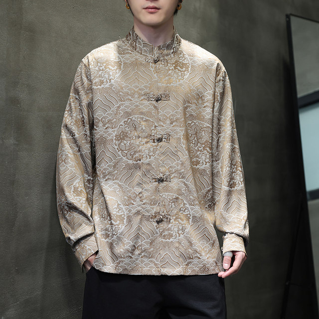 Chinese wind men's dark flower dragon pattern ice silk standing long ...