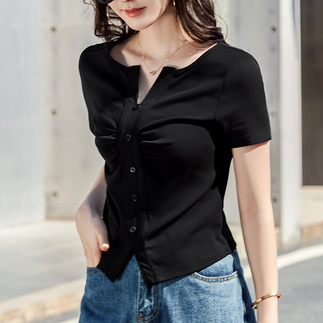 Cotton pleated short -sleeved T -shirt female summer new small short V ...