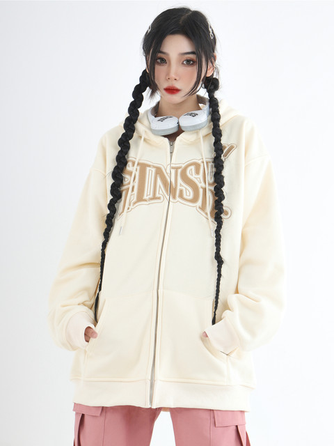 INSstudios National Trendy Couple American Applique Embroidered Logo Cardigan Hooded Sweatshirt ...