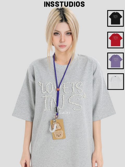 Insstudios National Fashion Brand Couple American-Style Pearl Lettering Logo Short-Sleeve Loose ...