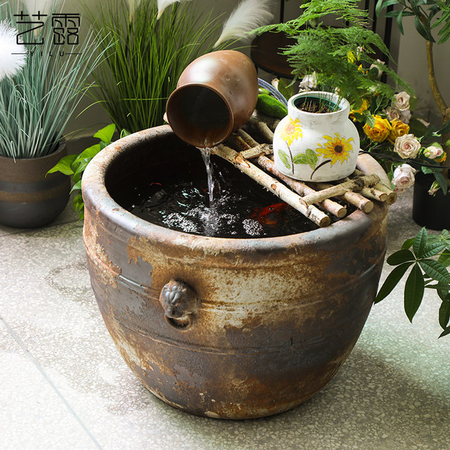 Ceramic large water tank fish tank retro old imitation bronze courtyard ...