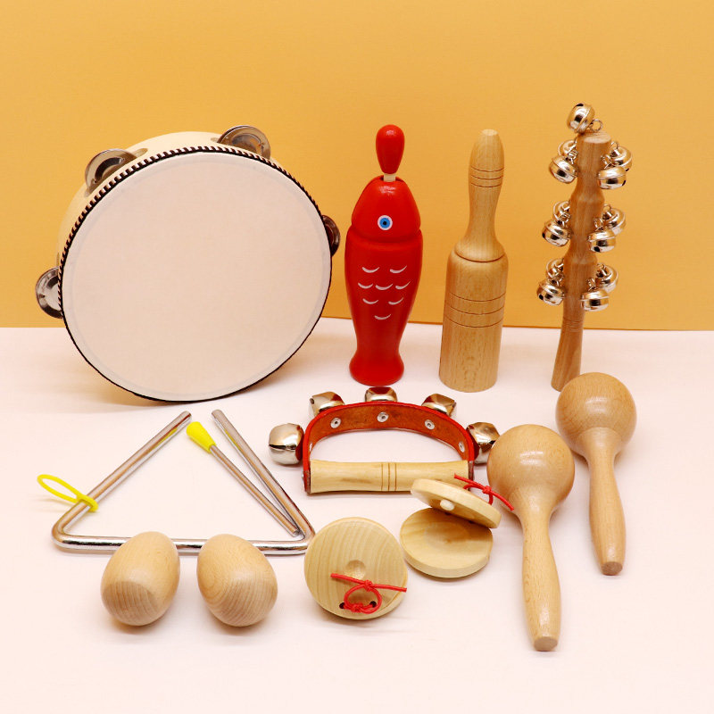 Orff Percussion Instrument Set - Double Drum, Sand Hammer, Wooden Fish