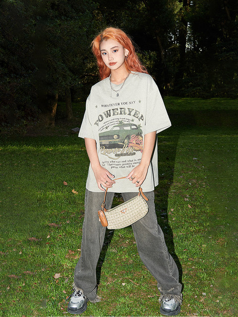 YEP American retro avocado green pure cotton short-sleeved T-shirt for ...